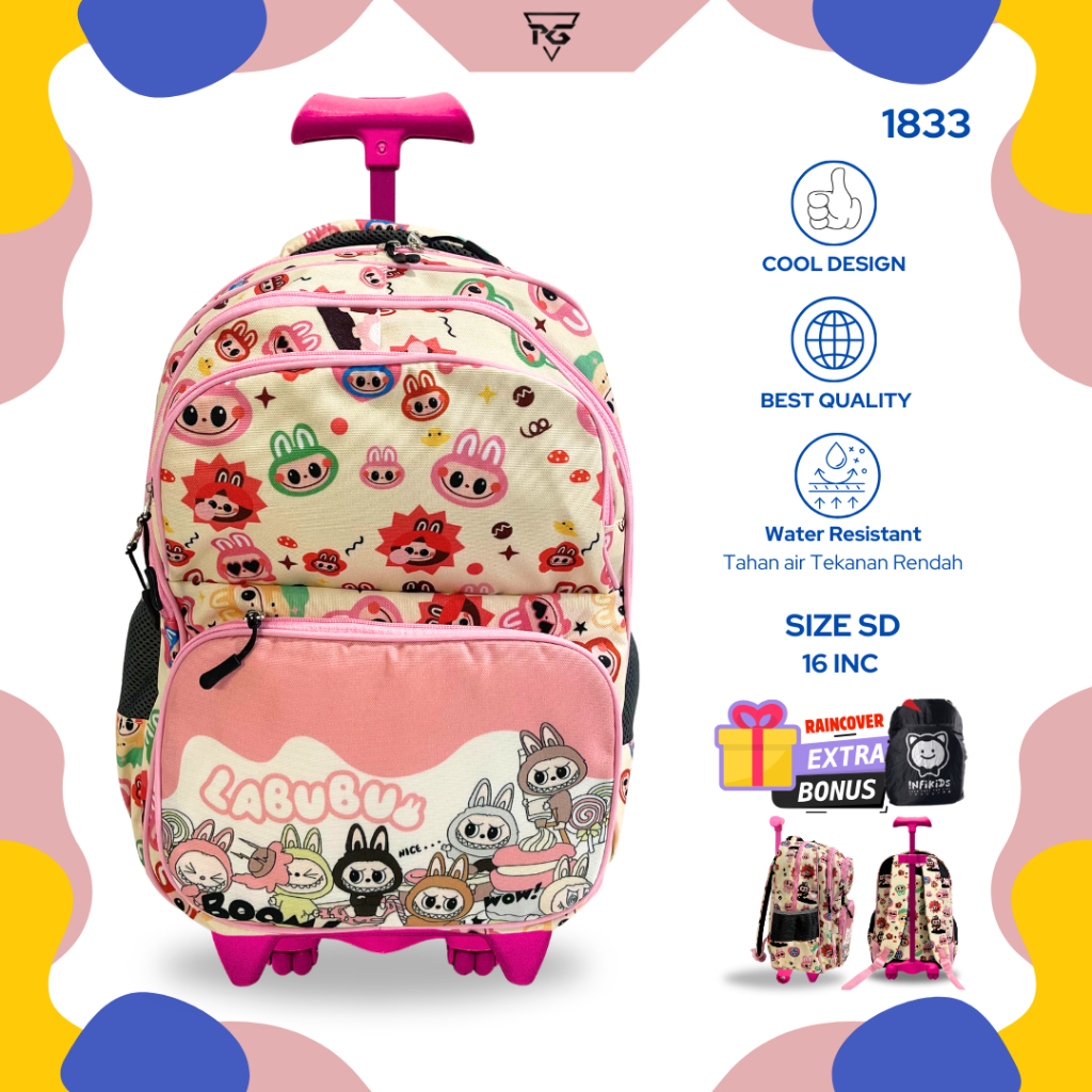 Jual Troli Ransel Sekolah SD Perempuan Terbaru Labubu Tas Koper Roda Dorong Anak Cewek 1833 ...