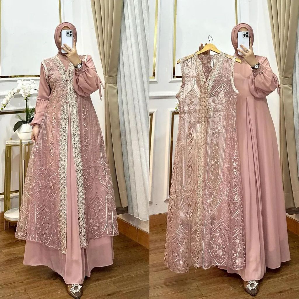 Jual Gamis Pesta Kondangan Mewah Maura Dress Aksen Brukat Kombinasi ...