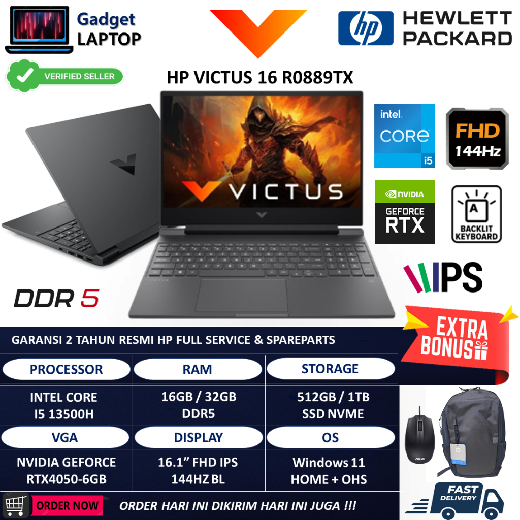 Jual HP VICTUS 16 R0889TX INTEL I5 13500H 32GB DDR5 1TB RTX4050-6GB 16. ...