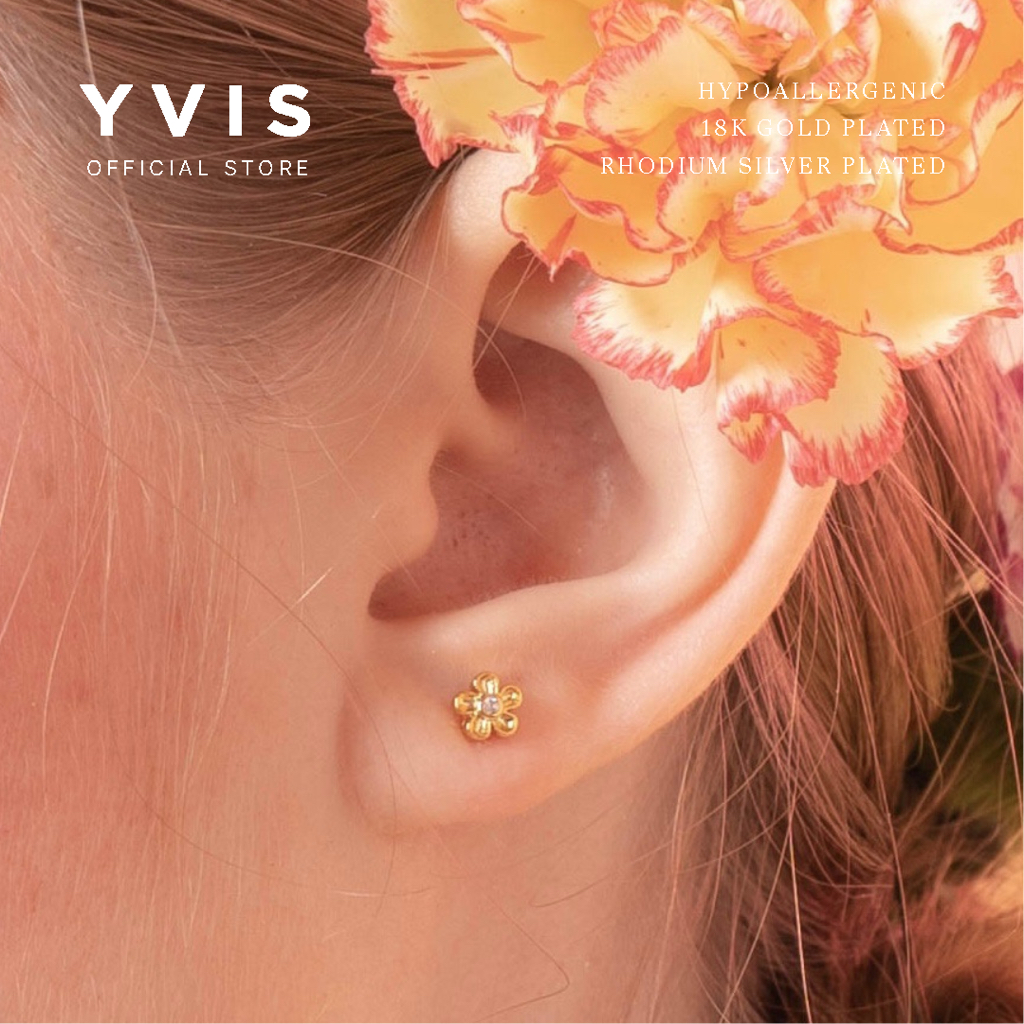 Jual YVIS White Flower Stud Earrings | 18K Gold Plated Hypoallergenic ...