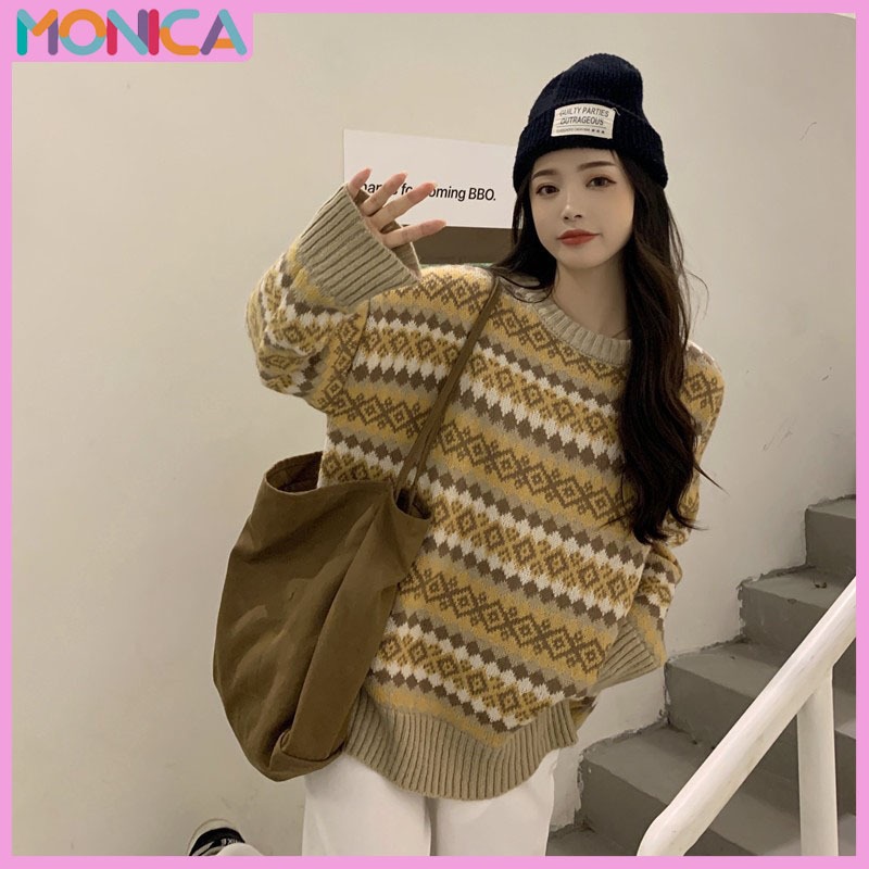 Jual Monica Sweater Rajut Garis Wanita Gaya Korea Atasan Rajut Lengan ...