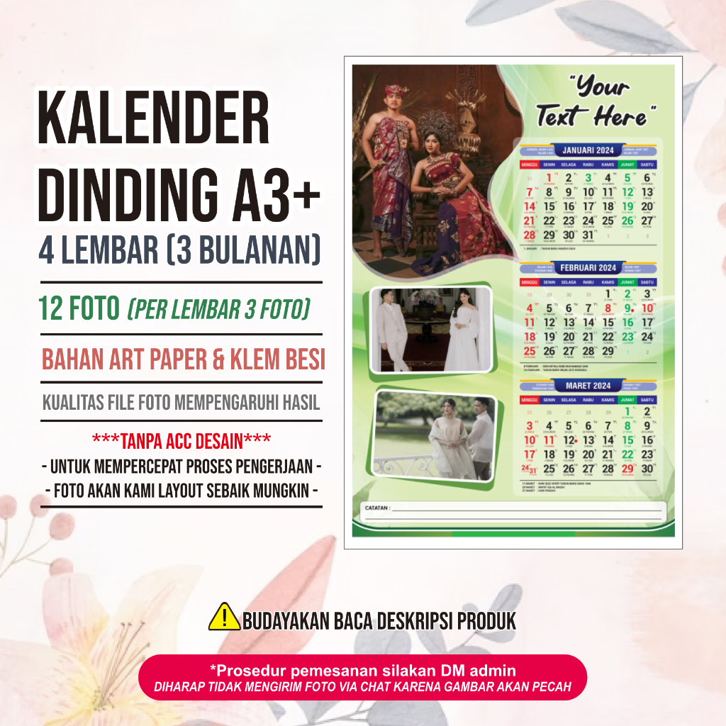 Jual Kalender Dinding Custom Foto A3+ 3 BULAN 4 LEMBAR CTS ART PAPER ...