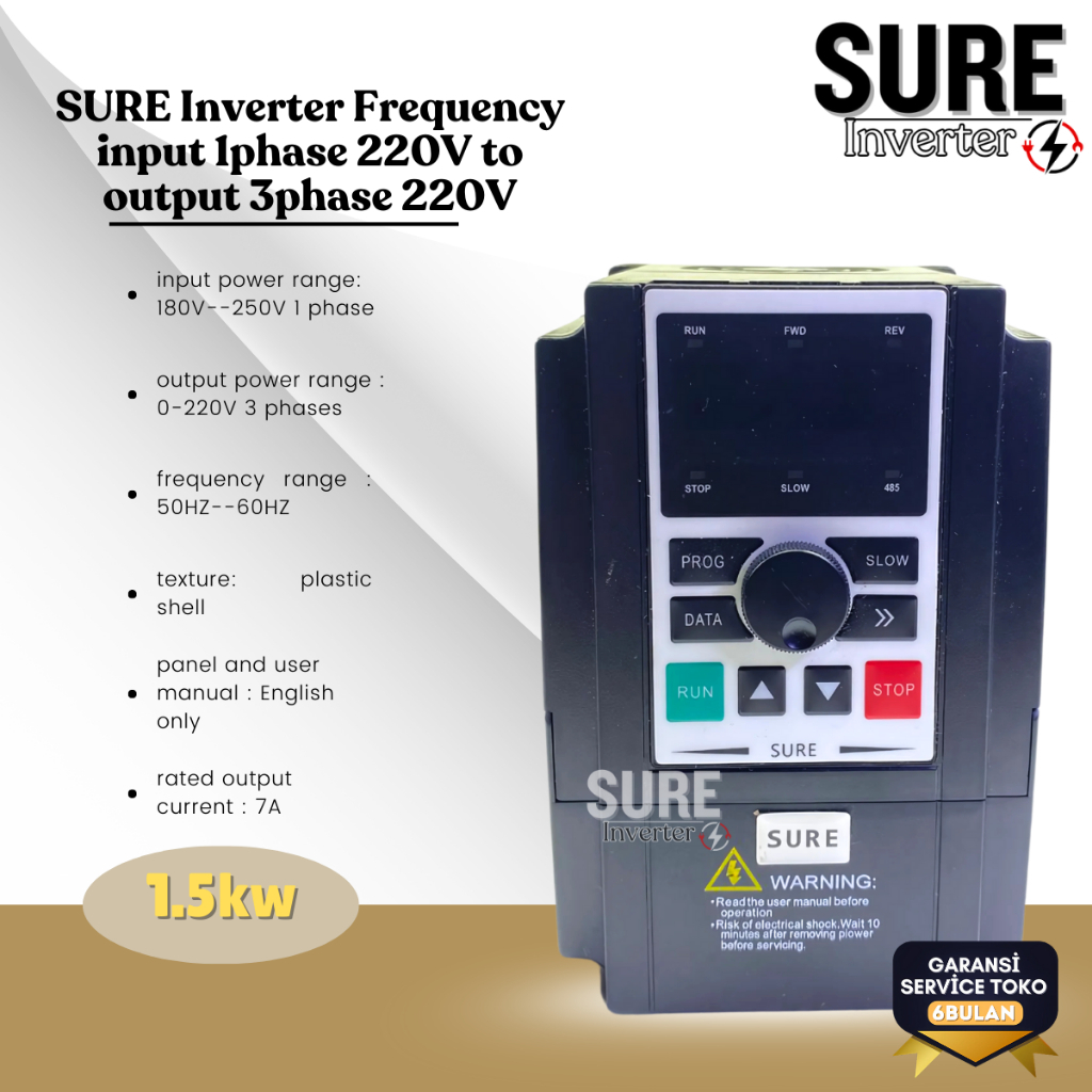 Jual Inverter Frequency SURE 1.5KW 220V Single Phase Input TO 3PHASE 220V Output Speed Control ...