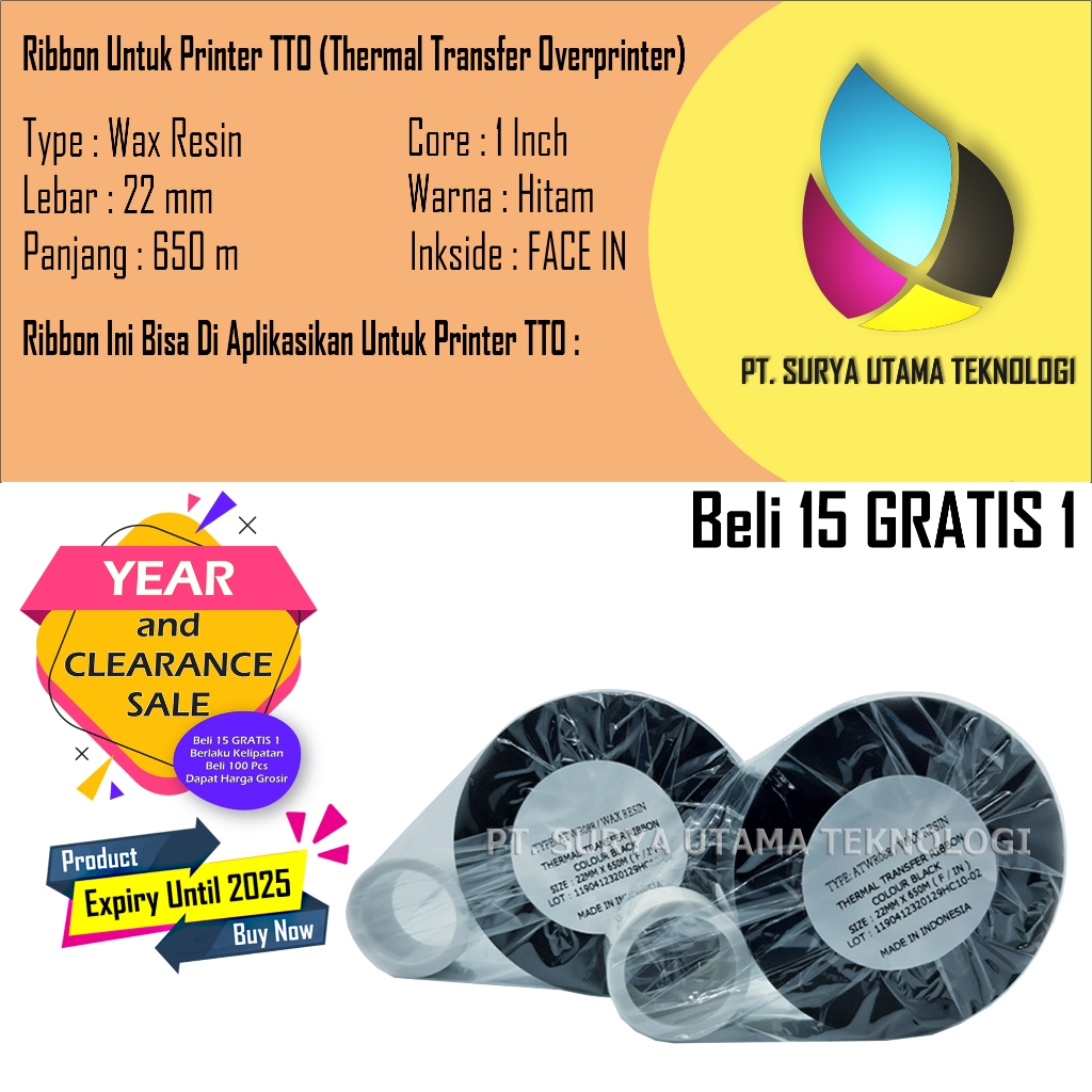 Jual Ribbon Untuk Printer TTO Size 22 x 650 - Warna Hitam | Shopee ...