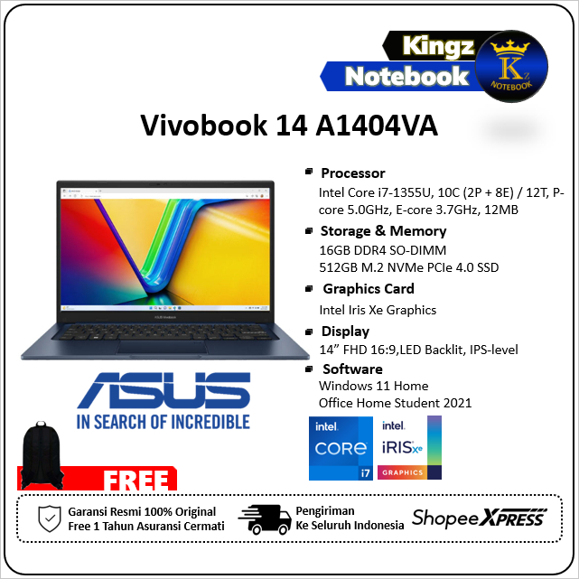 Jual ASUS Vivobook 14 A1404VA Core i7 1335U 16GB 512GB Win11+OHS 14 ...