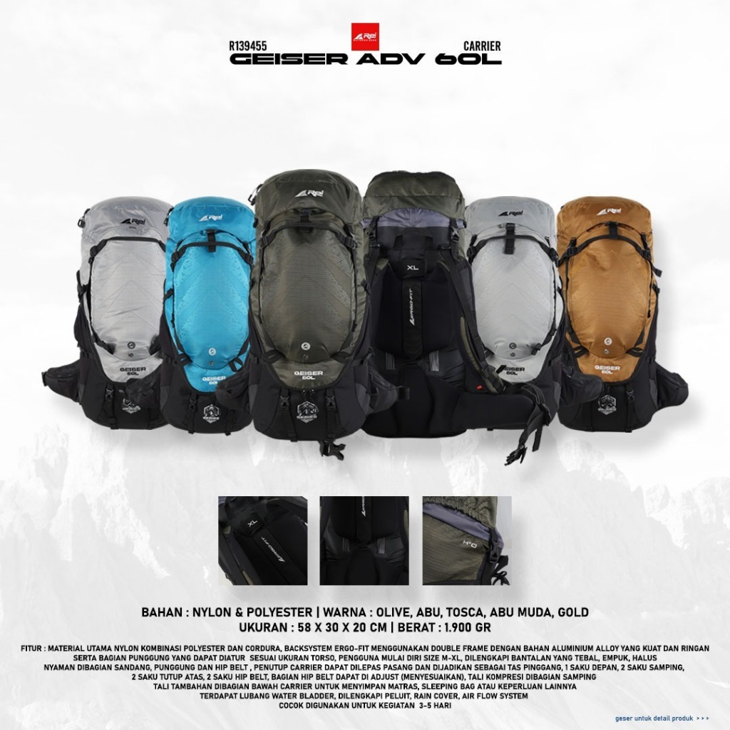 Jual Tas Carrier Geiser Adv 60 Liter Arei Outdoorgear | Shopee Indonesia