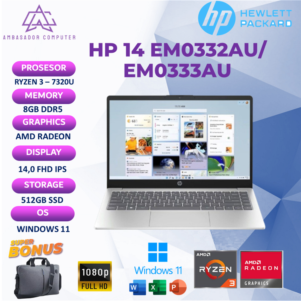 Jual HP 14 EM0332AU/EM0333AU Ryzen 3 7320U 8GB 512GB Windows11 OHS IPS ...
