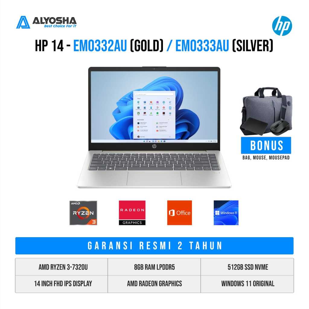 Jual HP 14 em0332AU / em0333AU | AMD Ryzen 3 7320U | 8GB RAM | 512GB ...