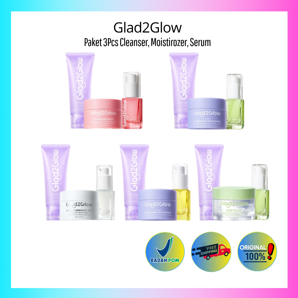 Jual Glad2Glow Bundle 3 Pcs paket Skincare 3in1 Facial Wash Moisturizer ...