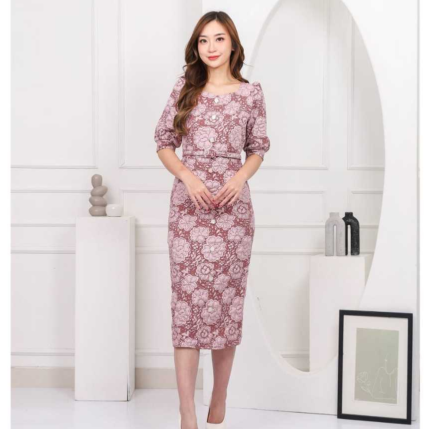 Jual Emma.Butik E00205 Gaun Slim Jacquard Rose Timbul Dress Pesta Fit ...