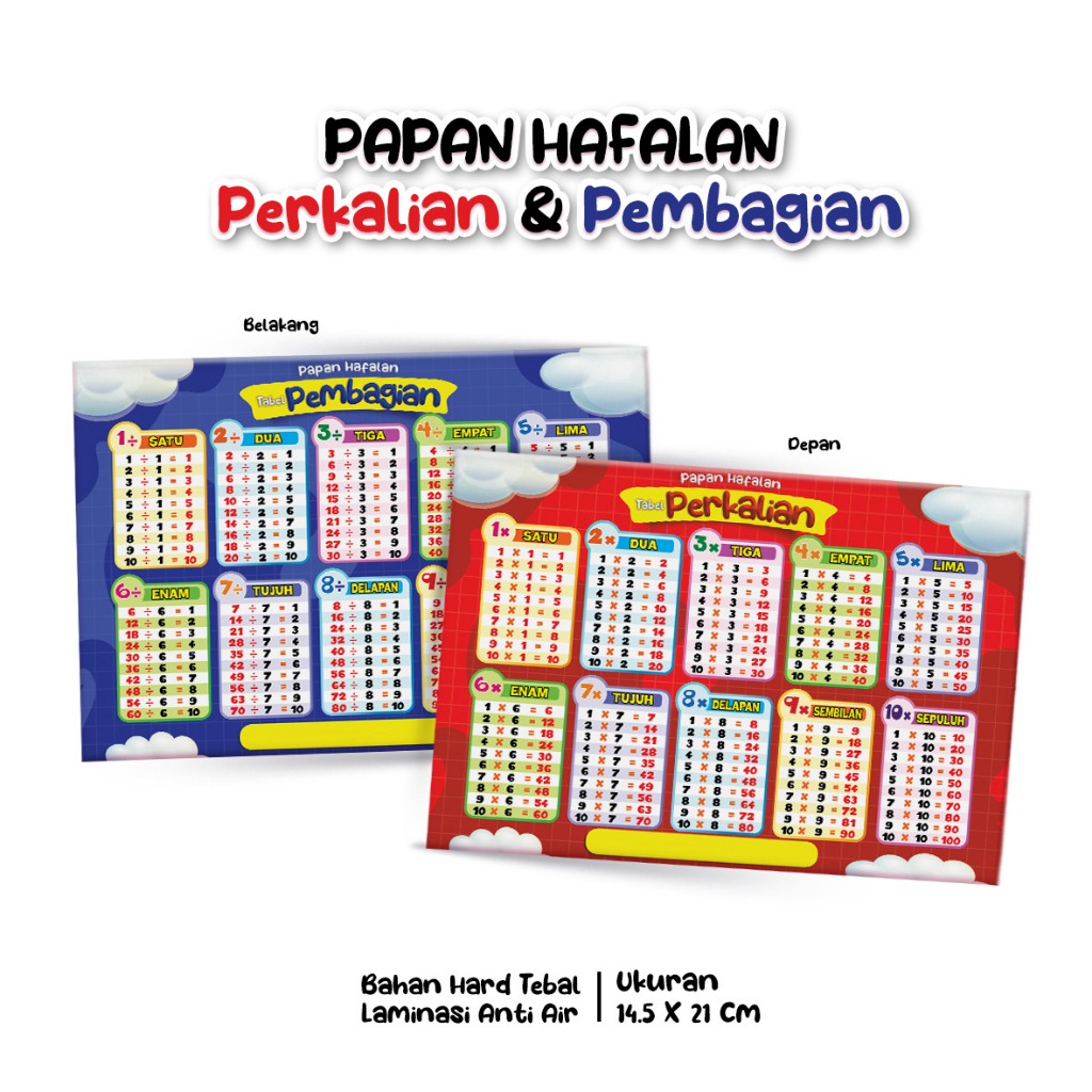Jual Table Papan Hapalan Perkalian & Pembagian Bahan Hard Tebal Laminasi Anti Air Ukuran 14,5 x ...