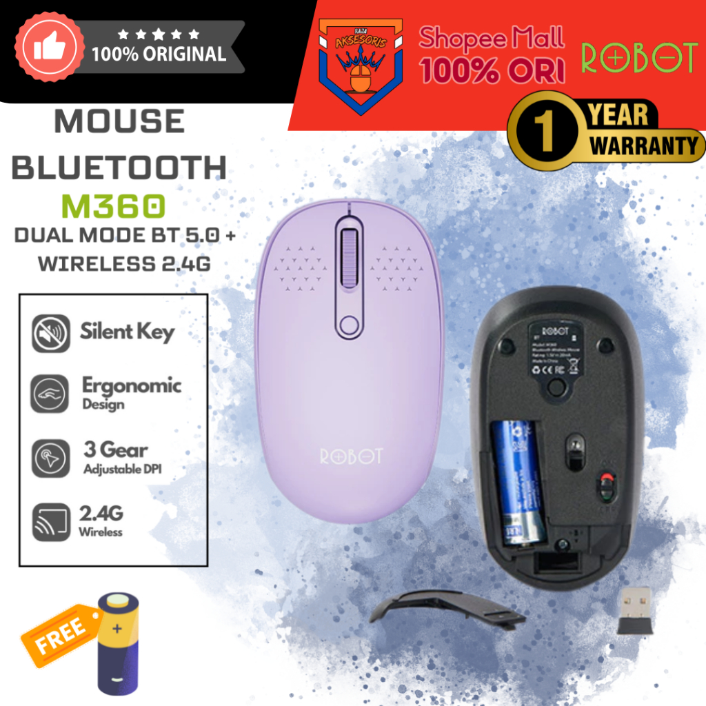 Jual ROBOT Mouse Wireless M360 USB Dual Mode Connection Silent Click ...