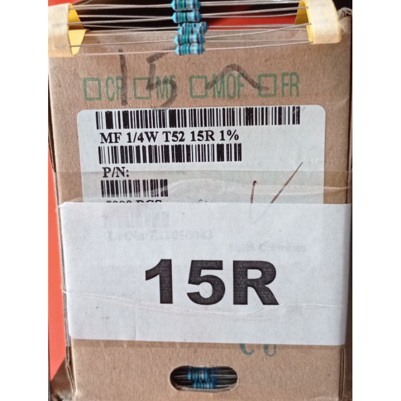 Jual Resistor Metal 15R 1/4Watt MF 1/4W T52-15R-1% Resistor Taiwan ...