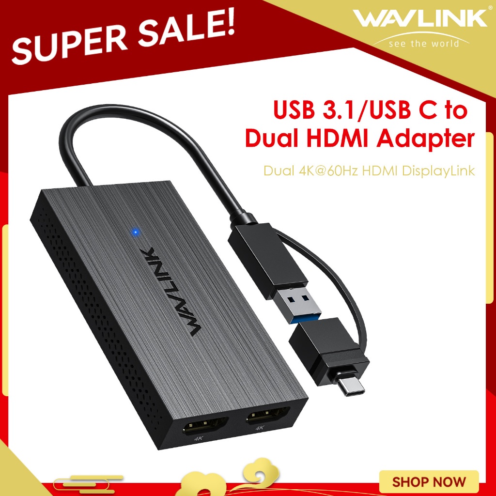 Jual WAVLINK USB 3.1/USB C to Dual HDMI Adapter, DisplayLink Dual 4K@60Hz Monitor Hub | Shopee ...