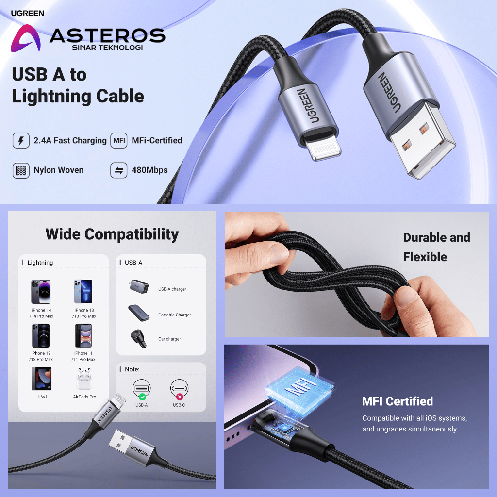 Jual UGREEN Kabel Data Iphone Ipad Usb Lightning MFI FAST Charging 2.4A 20728 | Shopee Indonesia