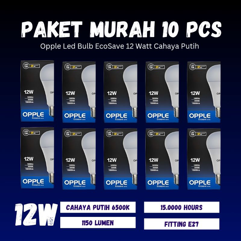 Jual Lampu Led Bulb Opple Ecosave 12Watt Cahaya Putih 6500k Garansi 1 Tahun Bolham Paket 10Pcs ...