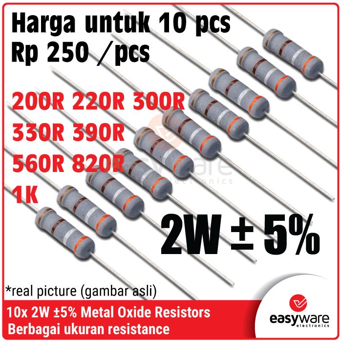 Jual 10x Resistor 2W 5% 200R 220R 300R 330R 390R 560R 820R 1K Ohm Metal Oxide Film Resistor 2 ...