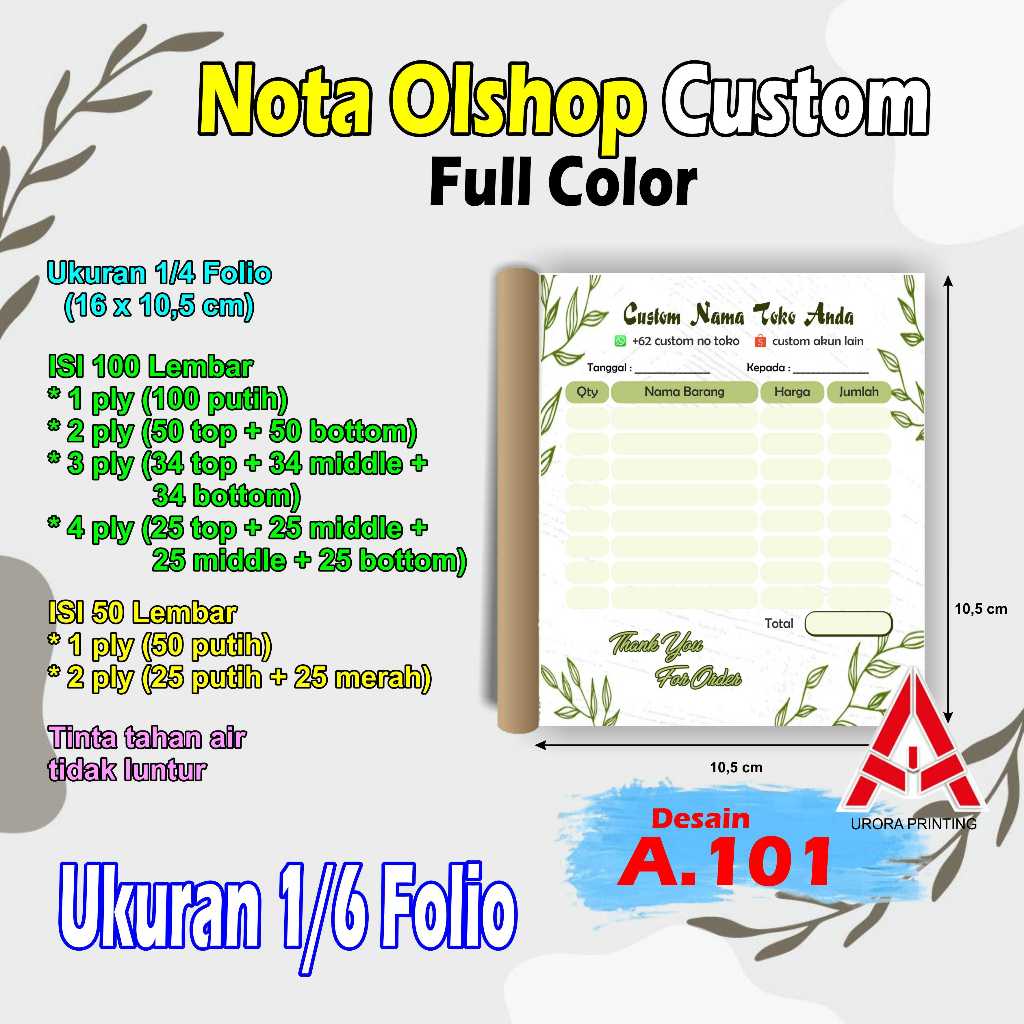 Jual Cetak Nota Full Color Ukuran 1/6 Folio Gratis Desain sesuai Nama ...
