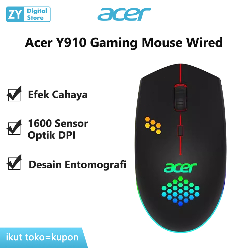 Jual Acer Y910 Gaming Mouse Esport Cahaya 1600Sensor Optik DPI Efek RGB ...