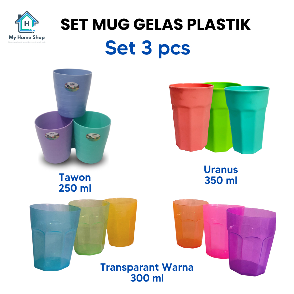 Jual (3 pcs) Gelas plastik Gelas minum Gelas mug Gelas transparan 300ml ...