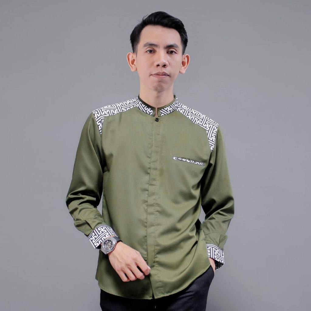 Jual Baju Koko Pria Elrumi Lengan Panjang Motif Labirin Warna Hijau ...