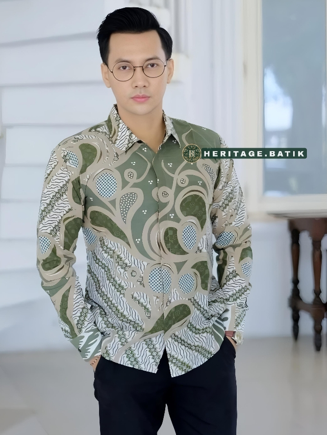 Jual Atasan Kemeja Batik Pria SAGE GREEN terbaru Lengan Panjang slim ...