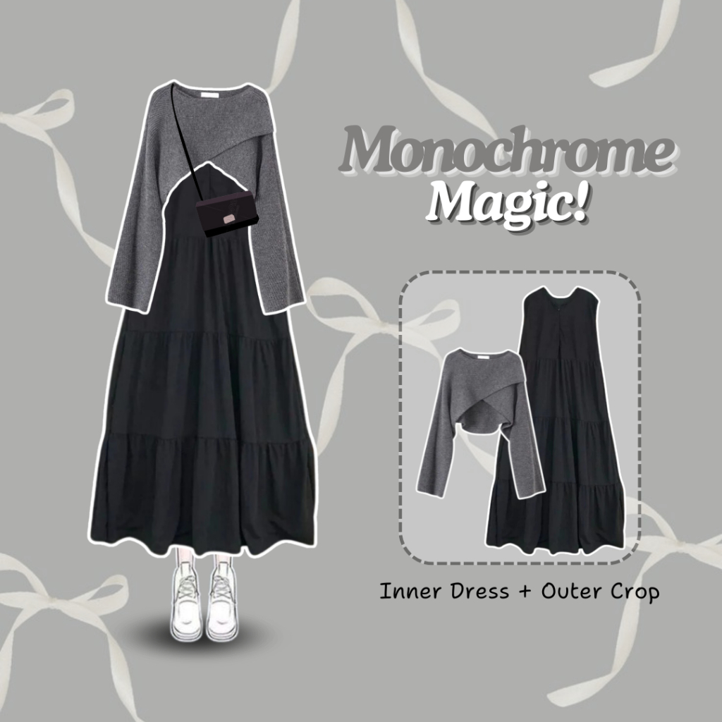 Jual Ootd Wanita 2in1 ( Inner Dress + Outer Crop ) One Set Remaja Viral ...