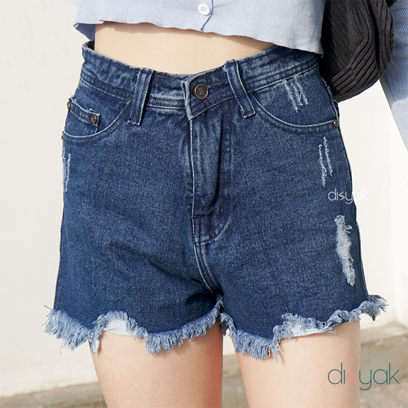 Jual DISYAK - Hotpants Jeans Celana Pendek Wanita Non Stretch Ripped 1031-2031 Dark Blue ...