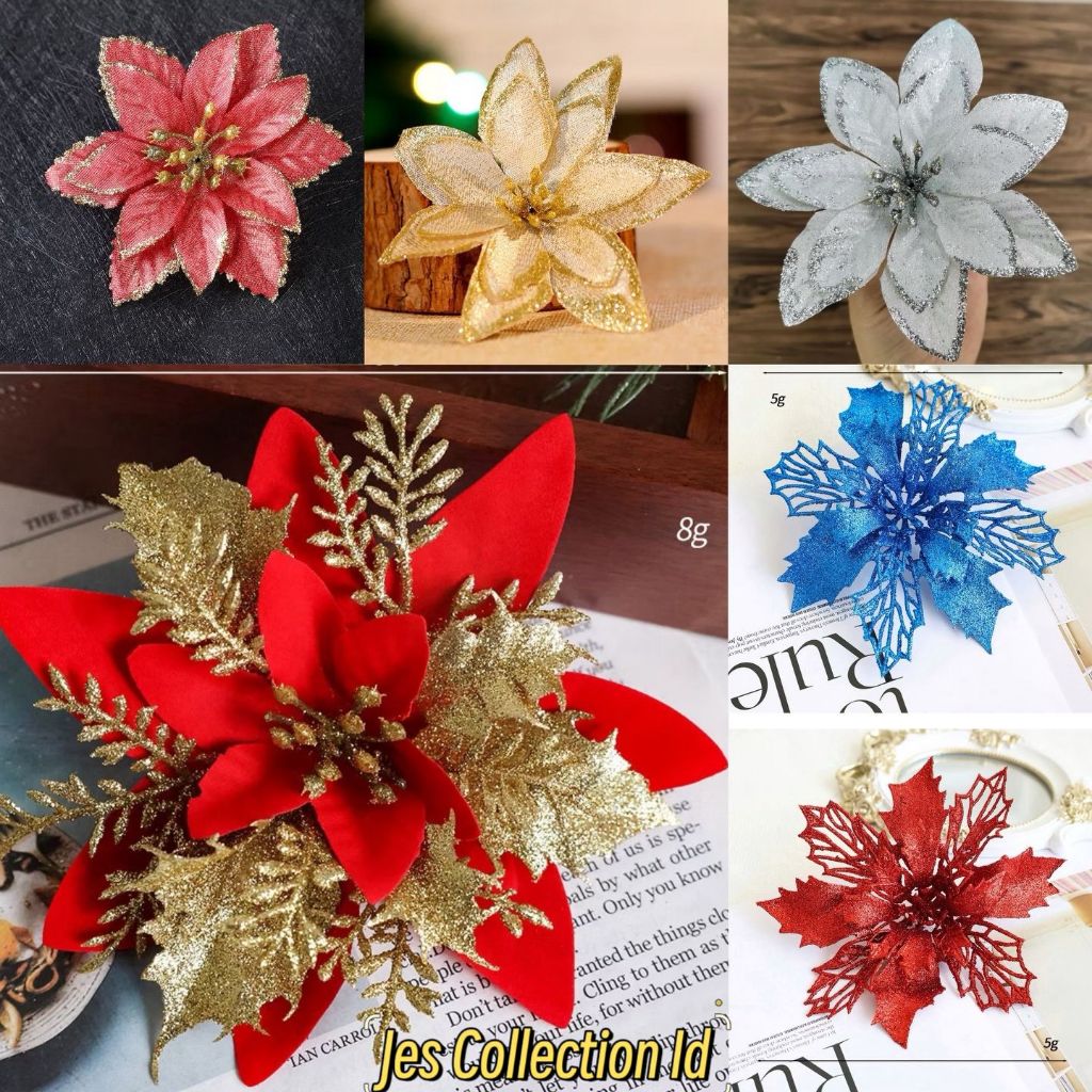 Jual Hiasan Bunga Kastuba Poinsettia Glitter Artificial Tersedia ukuran ...