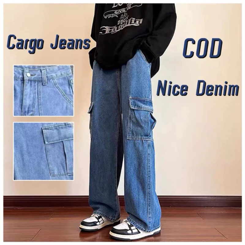 Jual Celana Cargo Panjang Pria Gombrong Korean Style Loose Cargo Pants Blue Jeans Kulot Pants ...