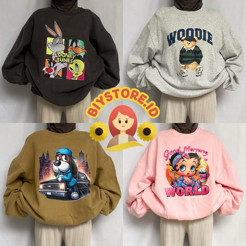 Jual [COD] SWEATER CREWNECK OVERSIZE LENGAN BALON GEMOY KARAKTER ...