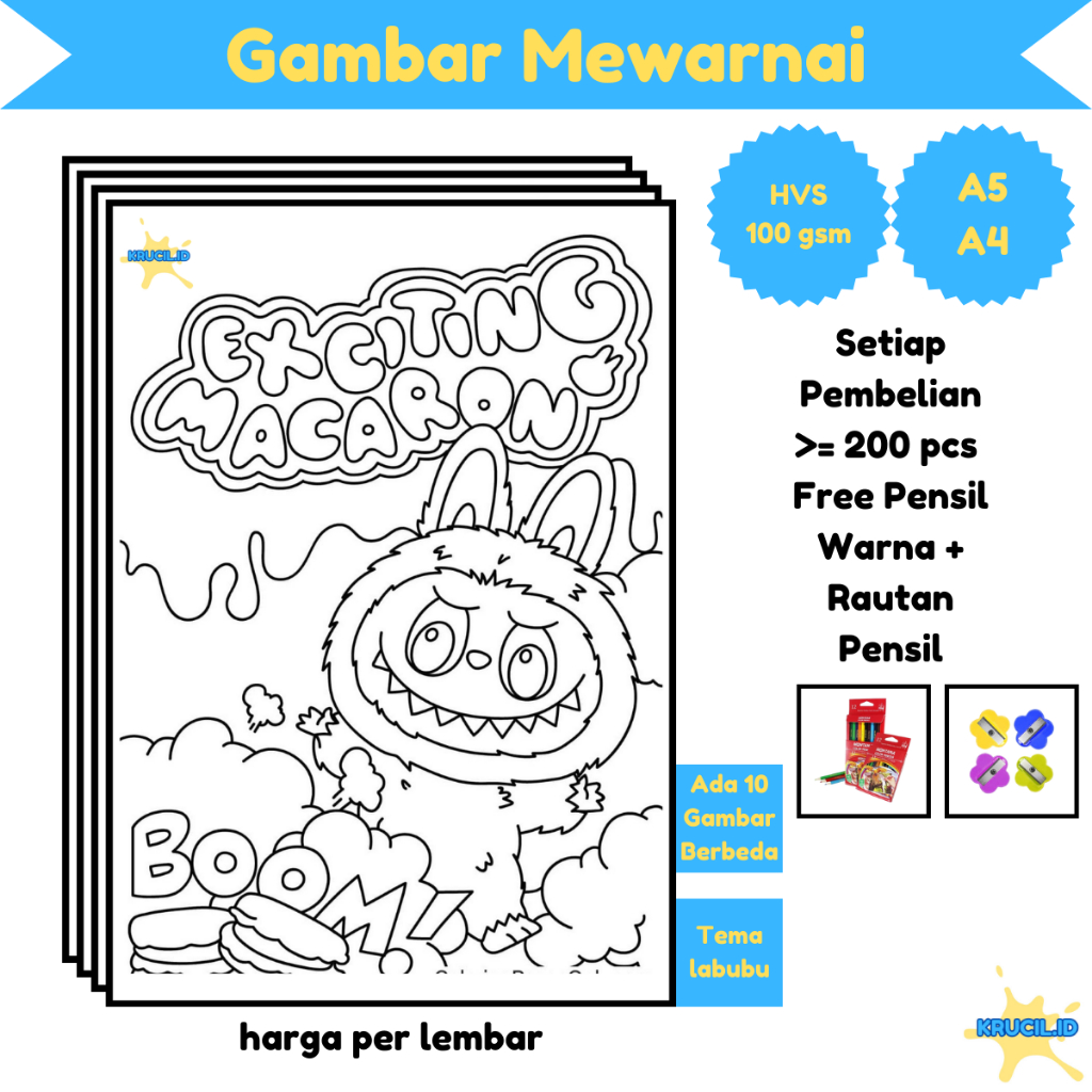 Jual Gambar Mewarnai Tema Labubu Viral Anak PAUD TK SD Kertas HVS 100 ...