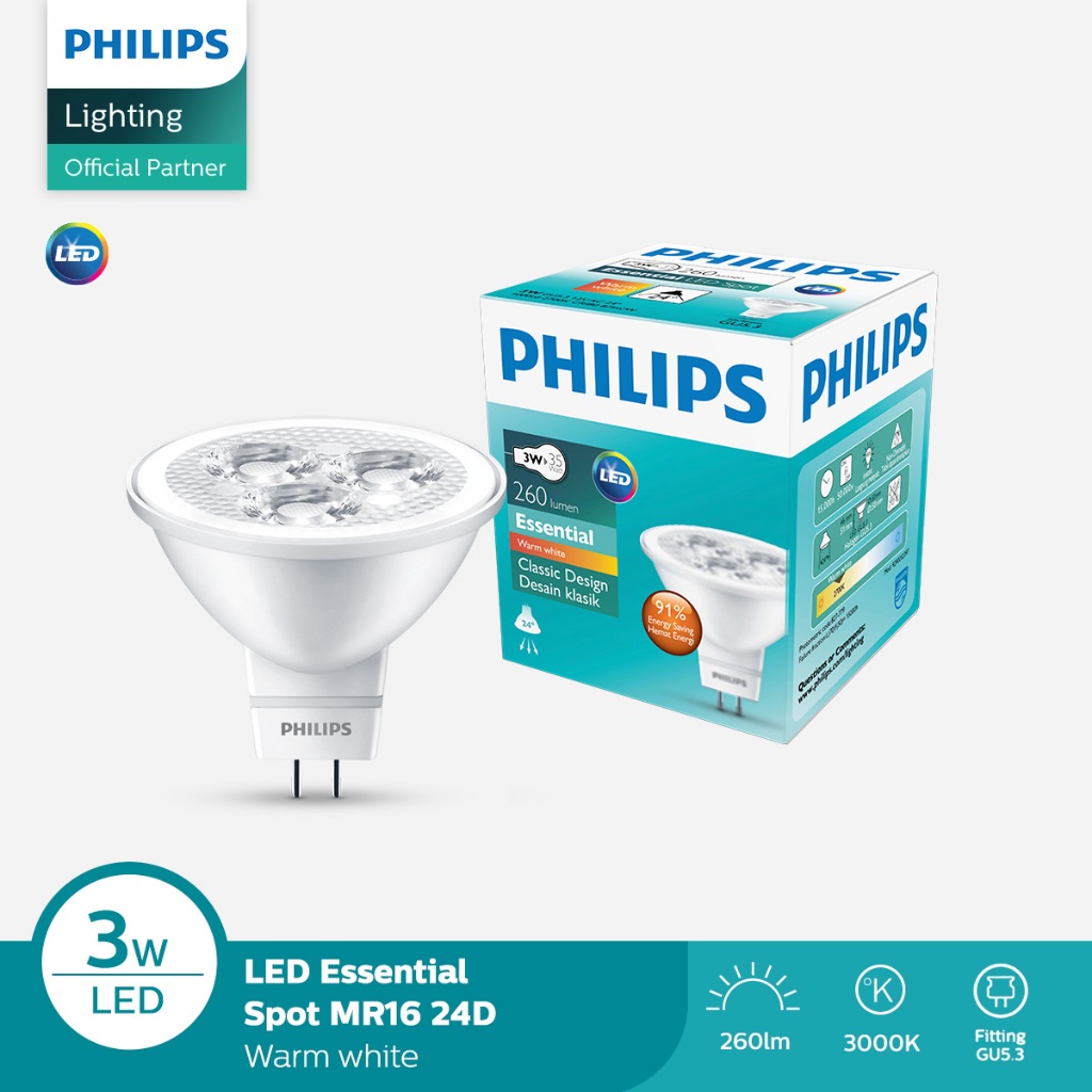 Jual Philips Lampu Spotlight ESSENTIAL MR16 LED 3W 24D 3000K Kuning ...