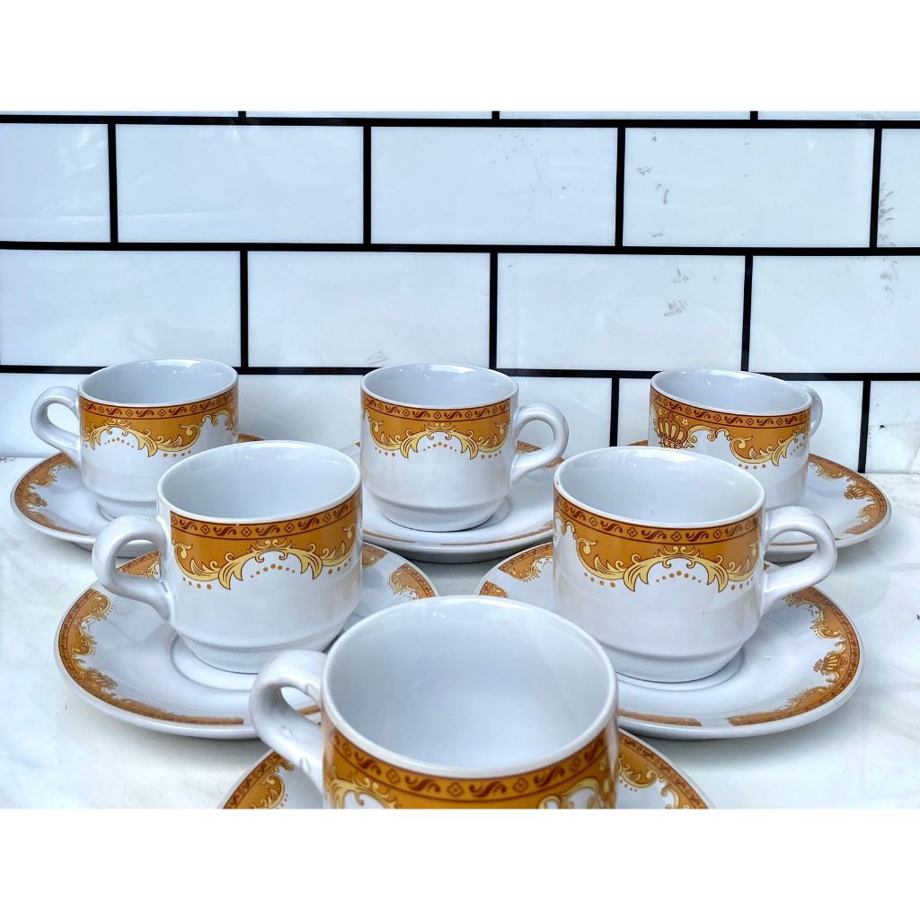 Jual 1 SET GELAS KERAMIK LUCKY MOTIF MAHKOTA KUNING ISI 12 PCS (6 ...