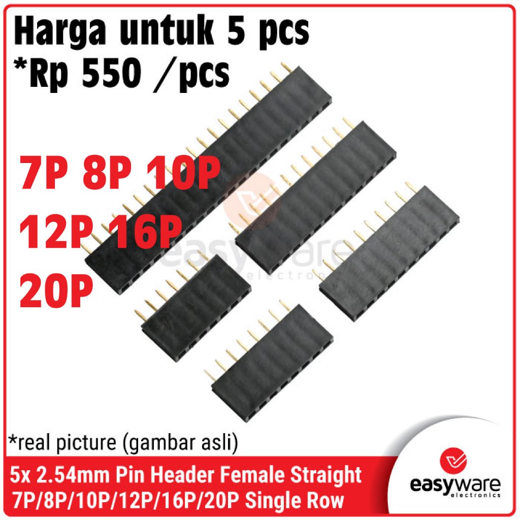 Jual 5x 2.54mm Pin Header Female 1x7P/8P/9P/10P/12P/16P/20P Stackable Header 12 Pin 20 Pin ...