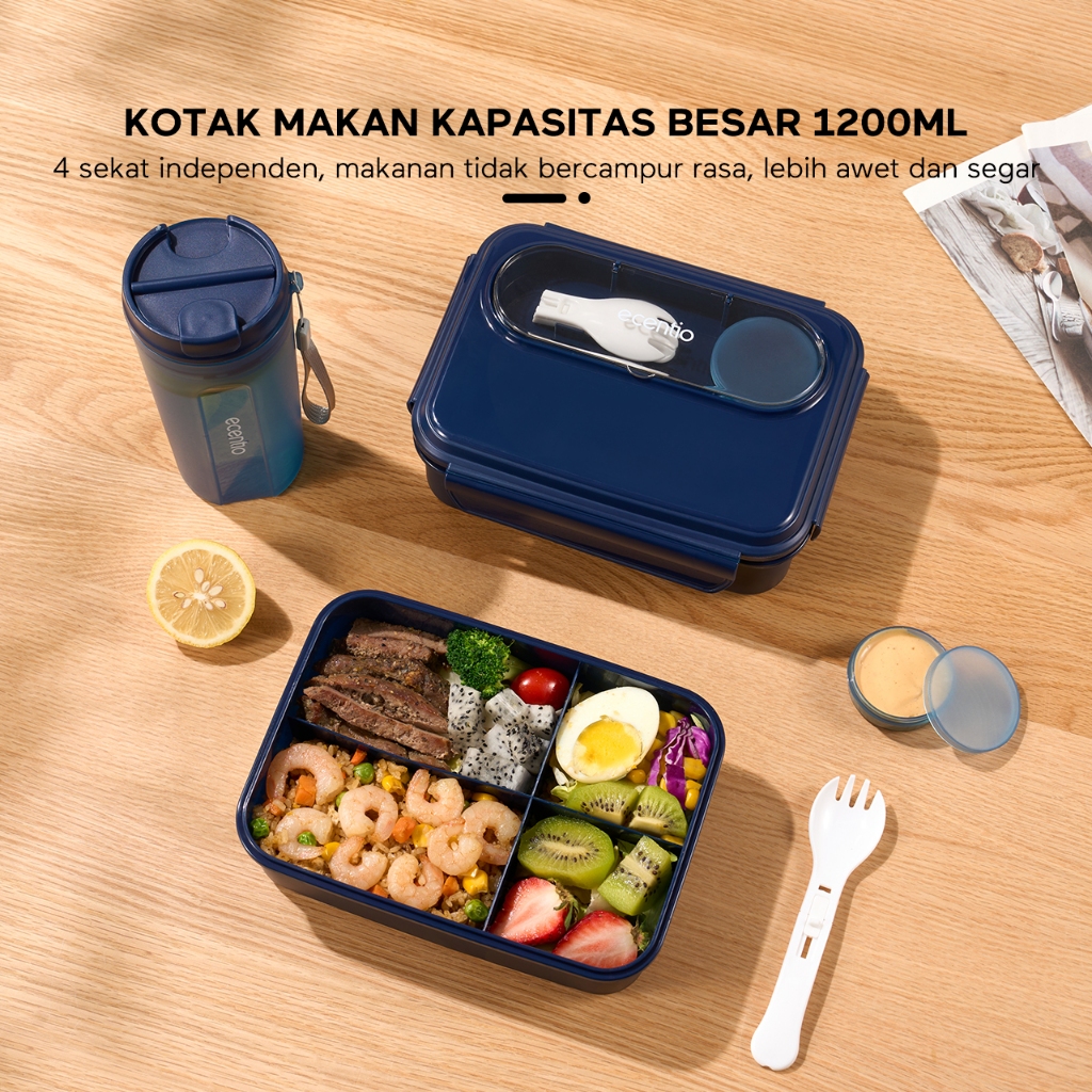 Jual ecentio Kotak Makan Set 4 grid tempat bekal anti tumpah 1200ml+botol minum 500ml dengan ...