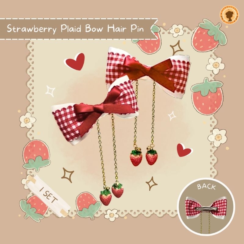 Jual Strawberry Red Plaid Bow Hair Pin with Bells/ Pita Jepit Rambut ...
