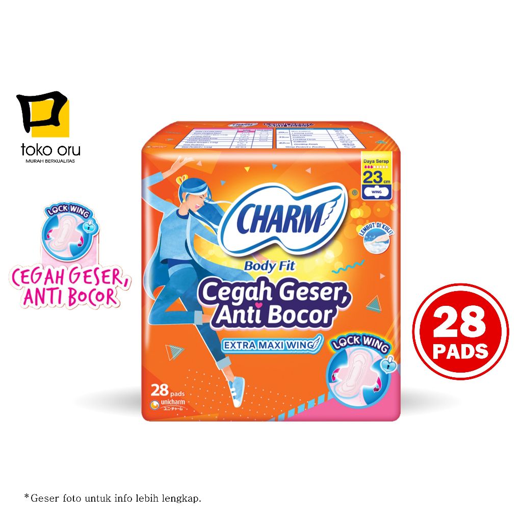 Jual Charm Body Fit Extra Maxi Wing 23 cm isi 28 pads Pembalut Wanita ...