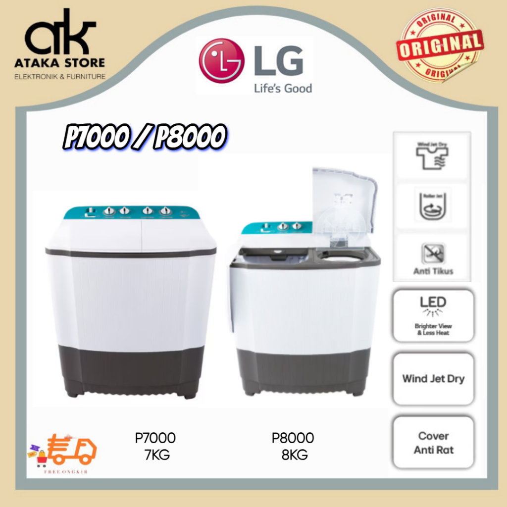 Jual MESIN CUCI LG 2 TABUNG 7KG P7000N / 8KG P8000N TWIN TUB Top Load ...