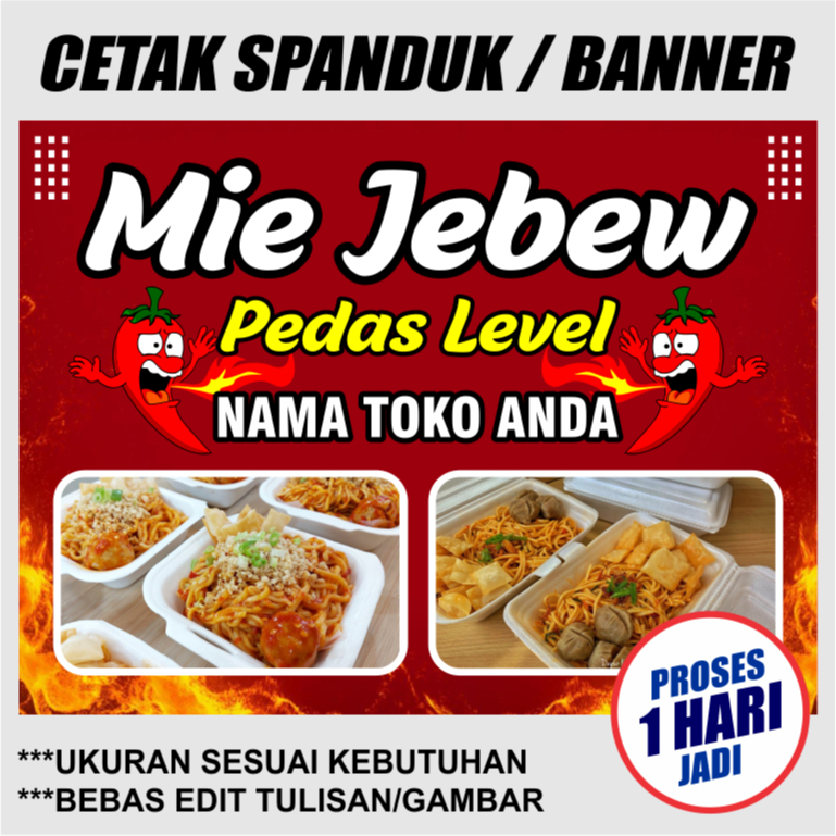 Jual cetak spanduk banner mie jebew pedas level custom banner mie jebew ...