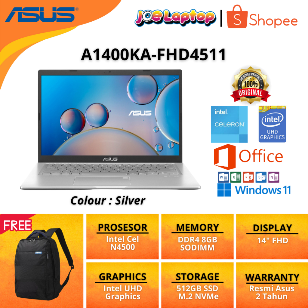 Jual Asus Vivobook 14 A1400KA-FHD4511 Silver DC N4500 Win11 OHS ...