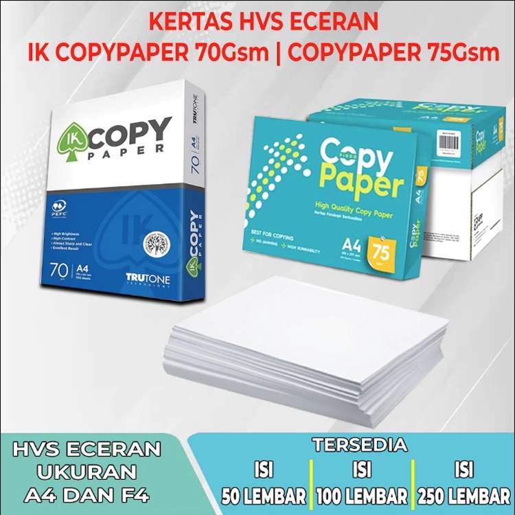 Jual Kertas COPY PAPER - IK COPYPAPER HVS 70 & 75 Gsm ECERAN A4 & F4 Tersedia 50 Lembar | Shopee ...
