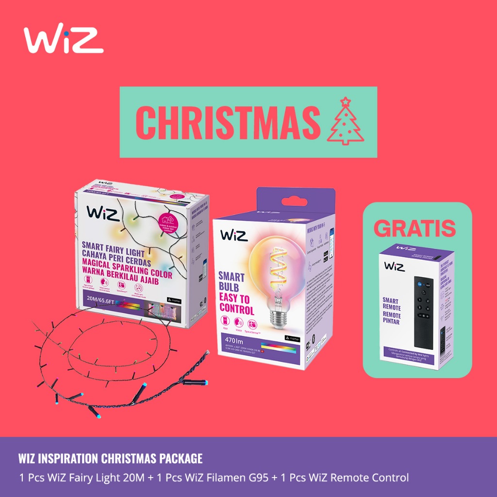 Jual WiZ Paket Natal 1 Lampu Smart LED Fairy Light + Filamen 6.3W G95 RGB + Gratis 1 Remote ...