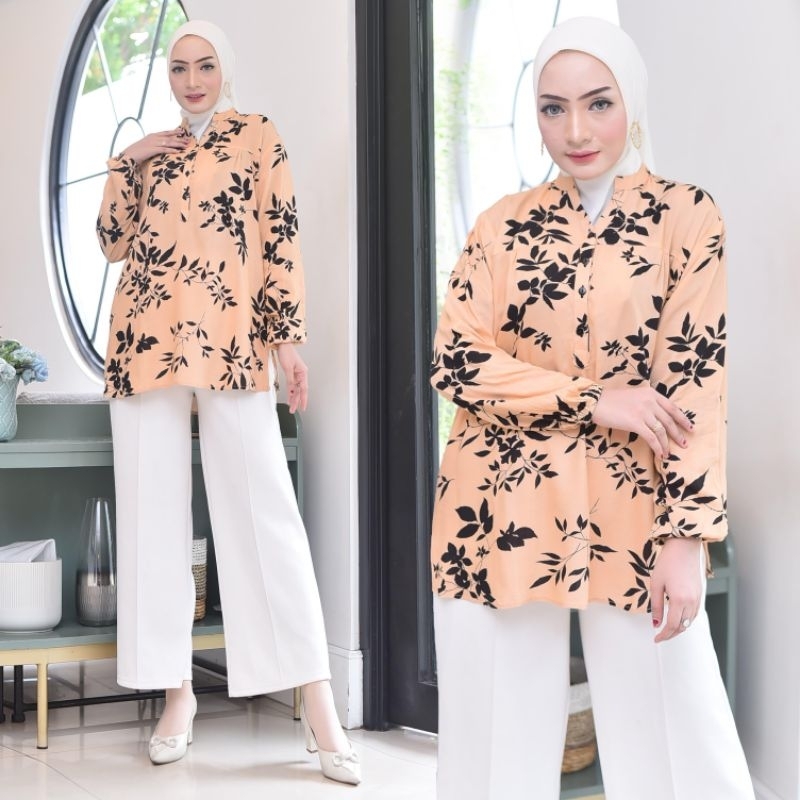 Jual Atasan wanita jumbo Blouse motif bunga-bunga daun kemeja lengan panjang bahan katun rayon ...
