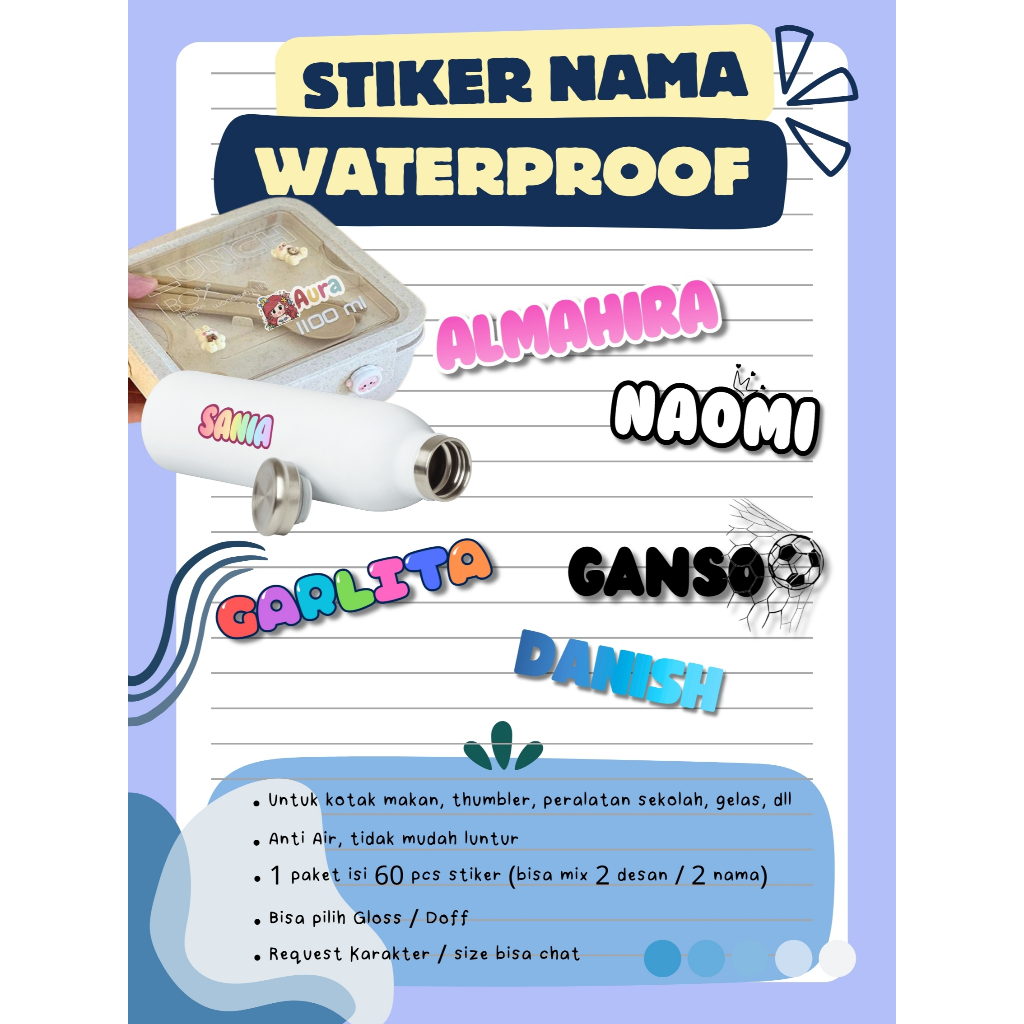Jual STIKER LABEL NAMA CUSTOM LUCU KARAKTER UNTUK THUMBLER, LUNCH BOX ...