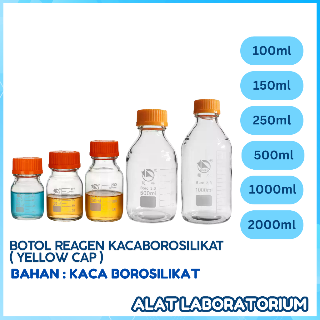 Jual BOTOL REAGEN KACA BOROSILIKAT TUTUP ORANGE ( YELLOW CAP ) - CLEAR ...