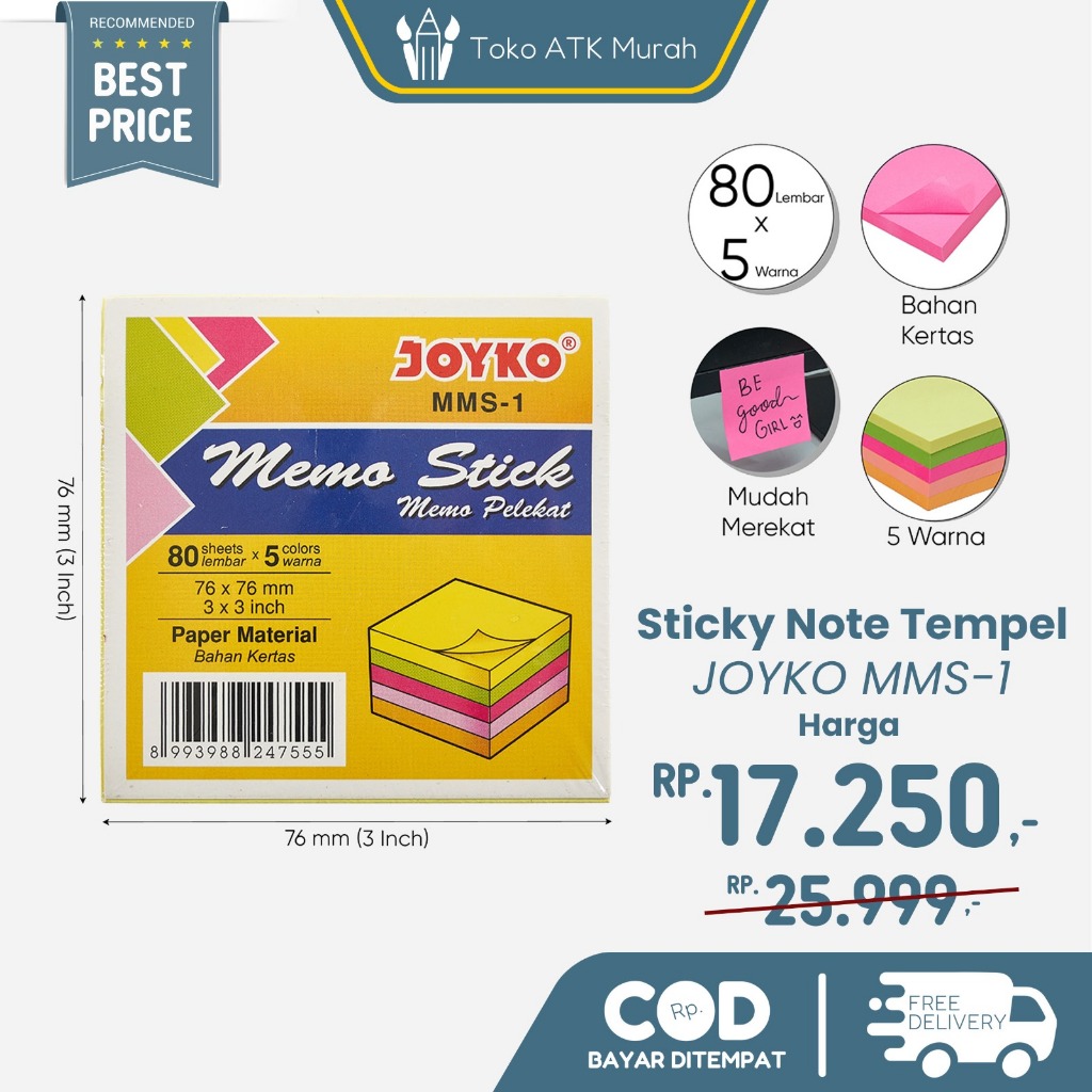 Jual Memo Stick / Sticky Note Joyko MMS-1 Warna Memo Tempel 76x76mm ...