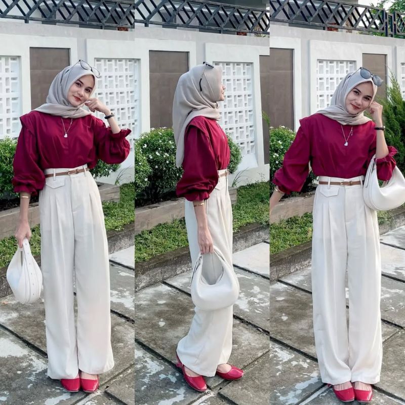 Jual One Set Wanita / Blouse Puffy + Pashmina + Oro Pants Haighwaist / Setelan Wanita / Setelan ...