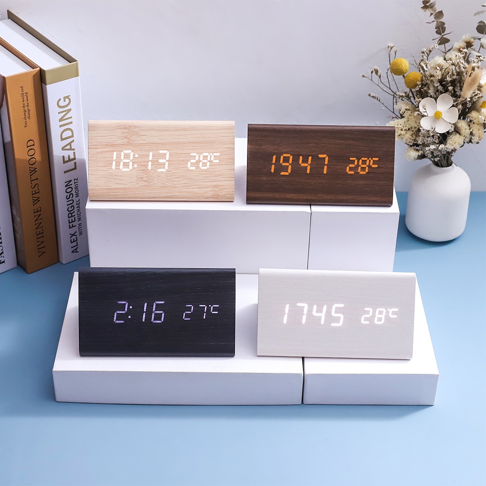 Jual Jam Meja Kayu Segitiga Alarm Digital / Jam Motif Kayu Led ...