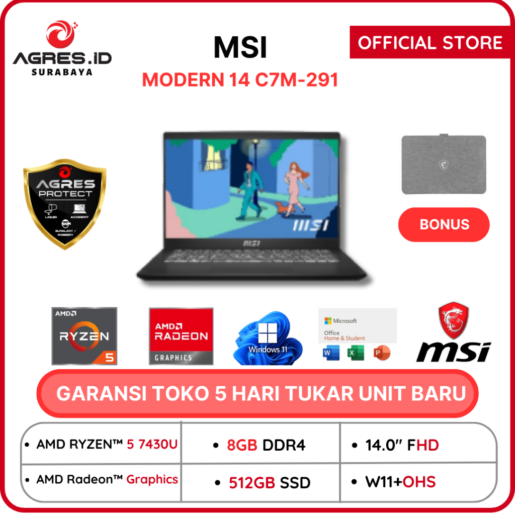 Jual MSI MODERN 14 RYZEN 5 7430 8gb 512gb Windows11+Office 14.0FHD IPS ...